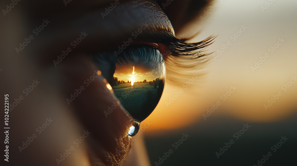 tear falling down persons cheek reflects beautiful sunset, capturing ...