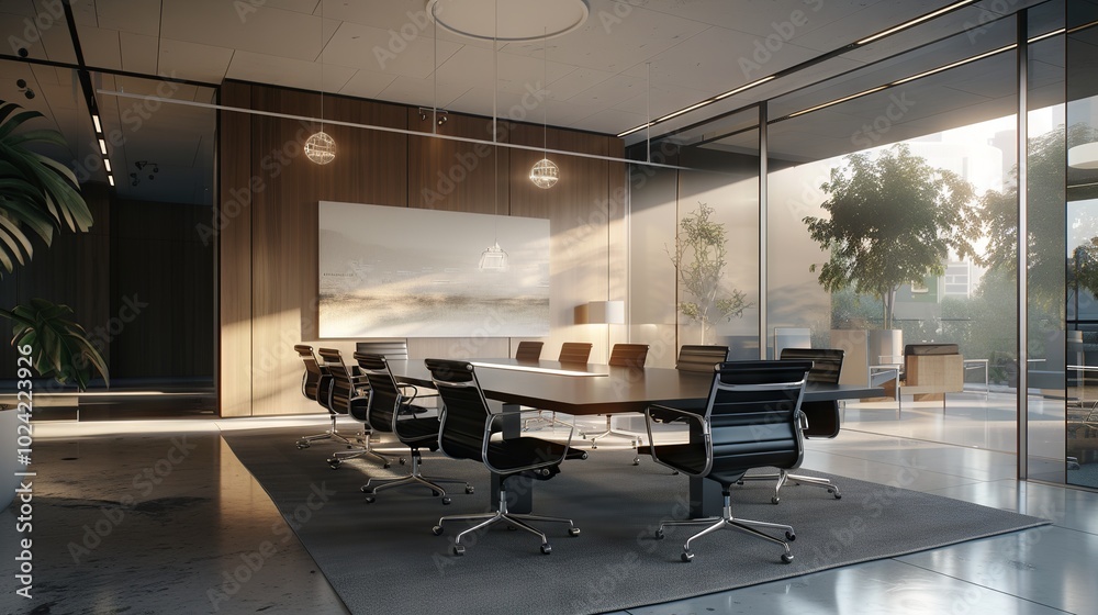 Spacious, modern conference room with large windows, sleek furniture ...