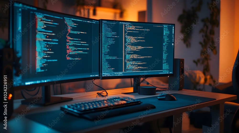 4. A software developers workstation with dual monitors, a keyboard ...