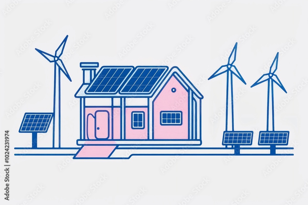 House with wind turbine and solar panels line art design Stock ...