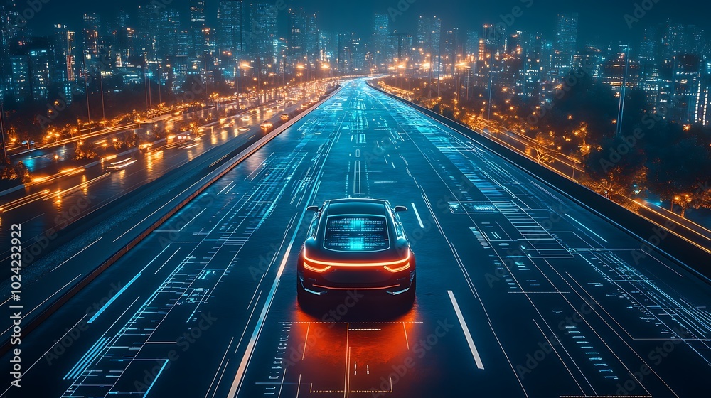 Smart self-driving vehicle on a tech-driven highway, glowing data ...
