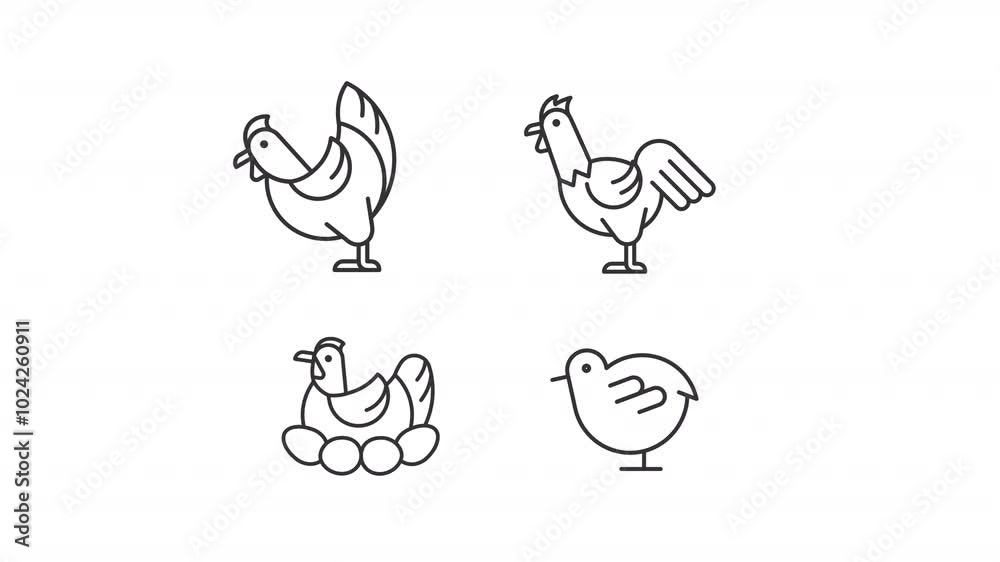 Animated domestic chickens icons. Farm birds line animation library ...