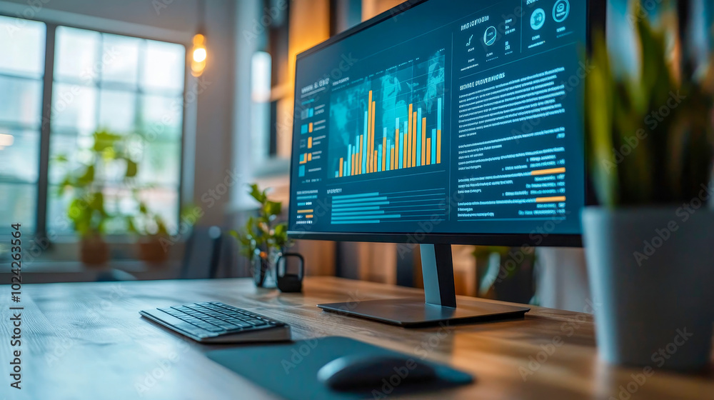 Modern workplace featuring a computer displaying business analytics and ...