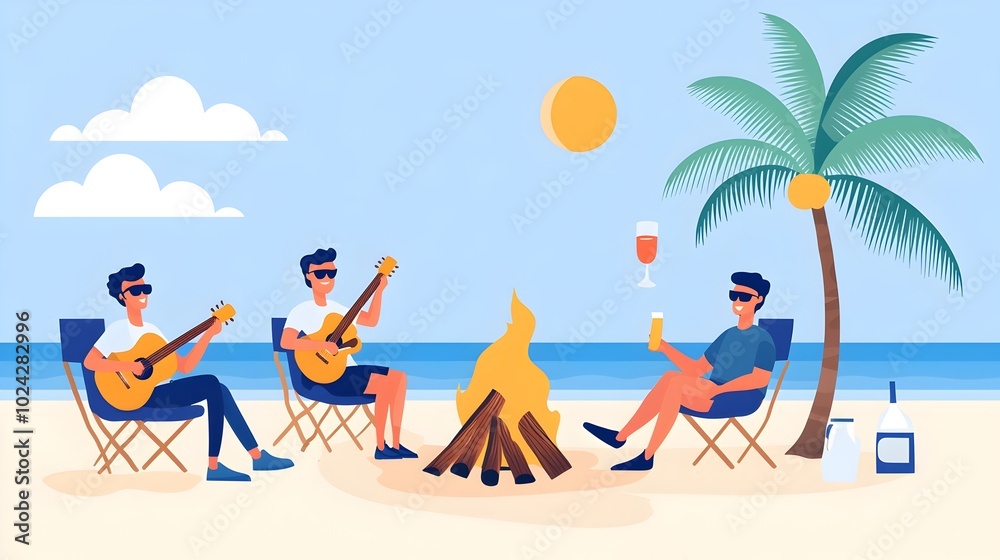 Lively beach party scene with a crackling bonfire upbeat music and ...