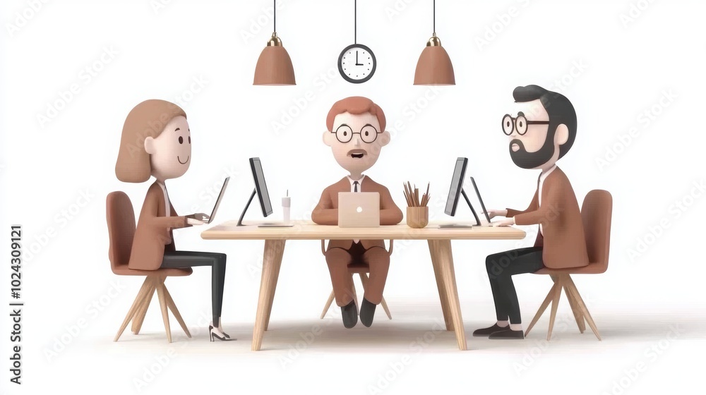 3D cartoon-style business team working at a shared desk with computers ...