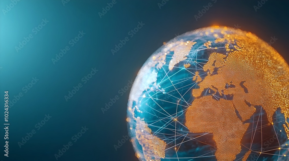 Glowing wireframe globe with a network of links and connections symbolizing global innovation in ...