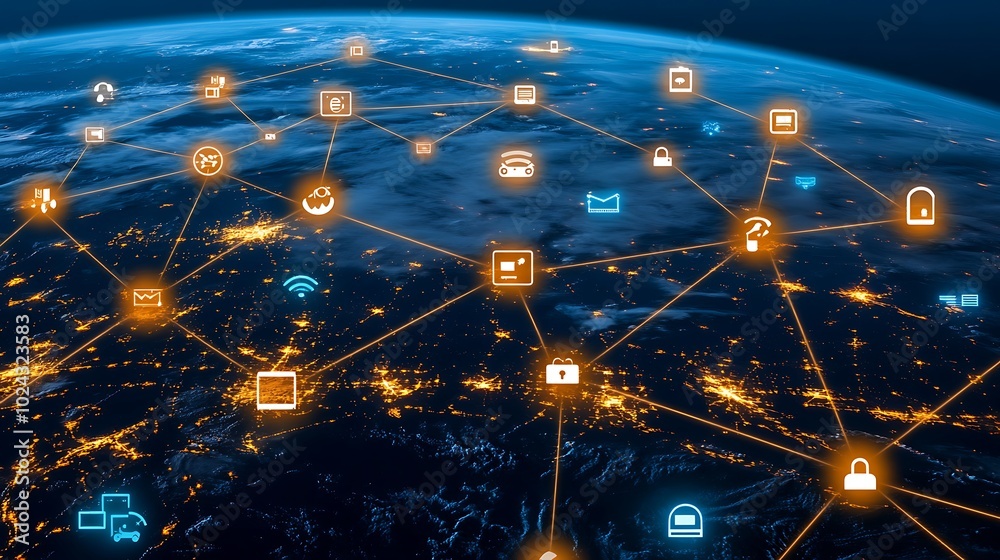 Internet of Things on a Global Scale: The Earth shown with small icons ...