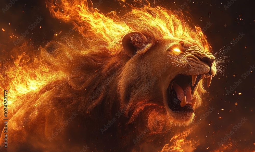 Fiery Roaring Lion with Blazing Mane - Majestic and Ferocious King of Beasts in 3D Digital Art ...