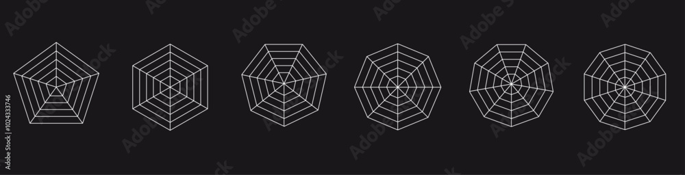 Radar or spider diagram template. Pentagon, Hexagon, Heptagon, Octagon ...