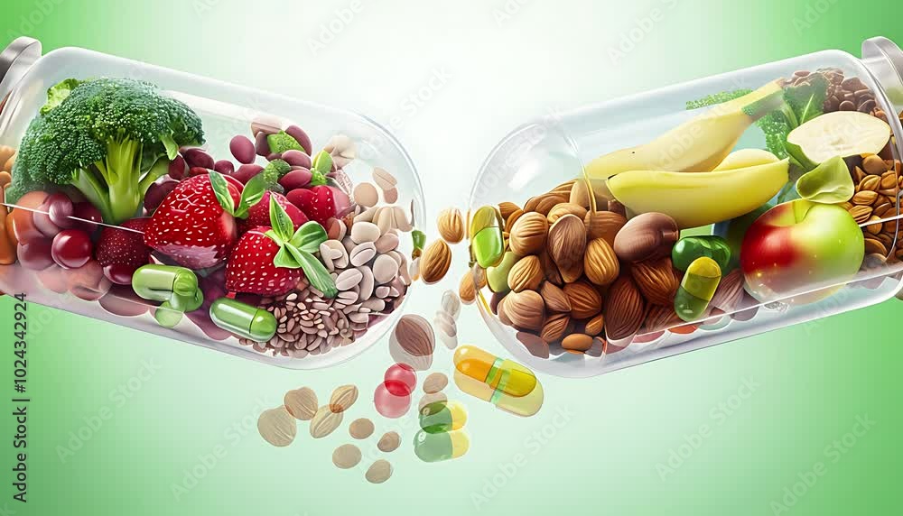 Two giant capsules bursting with fruits, vegetables, nuts, and seeds ...