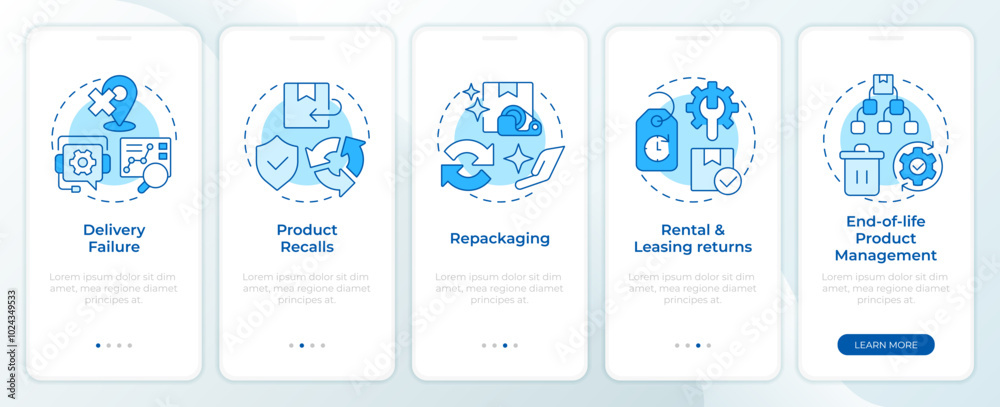 Reverse logistics types blue onboarding mobile app screen. Walkthrough ...