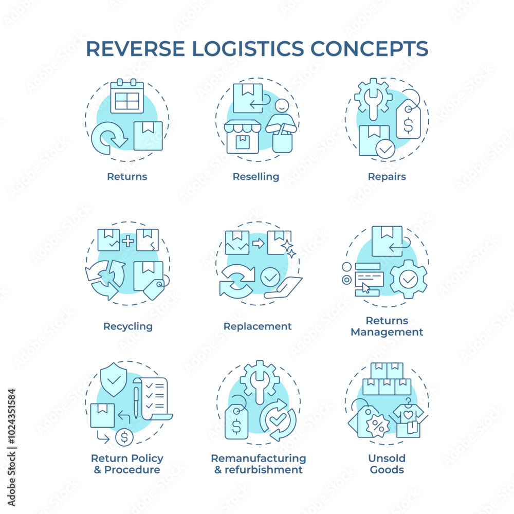 Reverse logistics soft blue concept icons. Reselling. Product repair ...