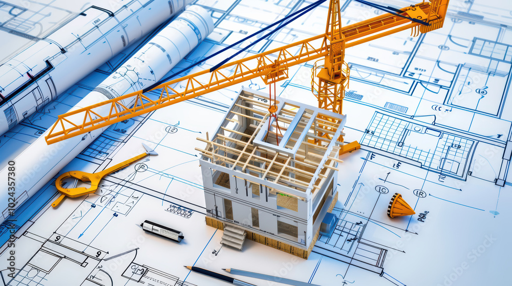 Building plans and construction crane are depicted in this image ...
