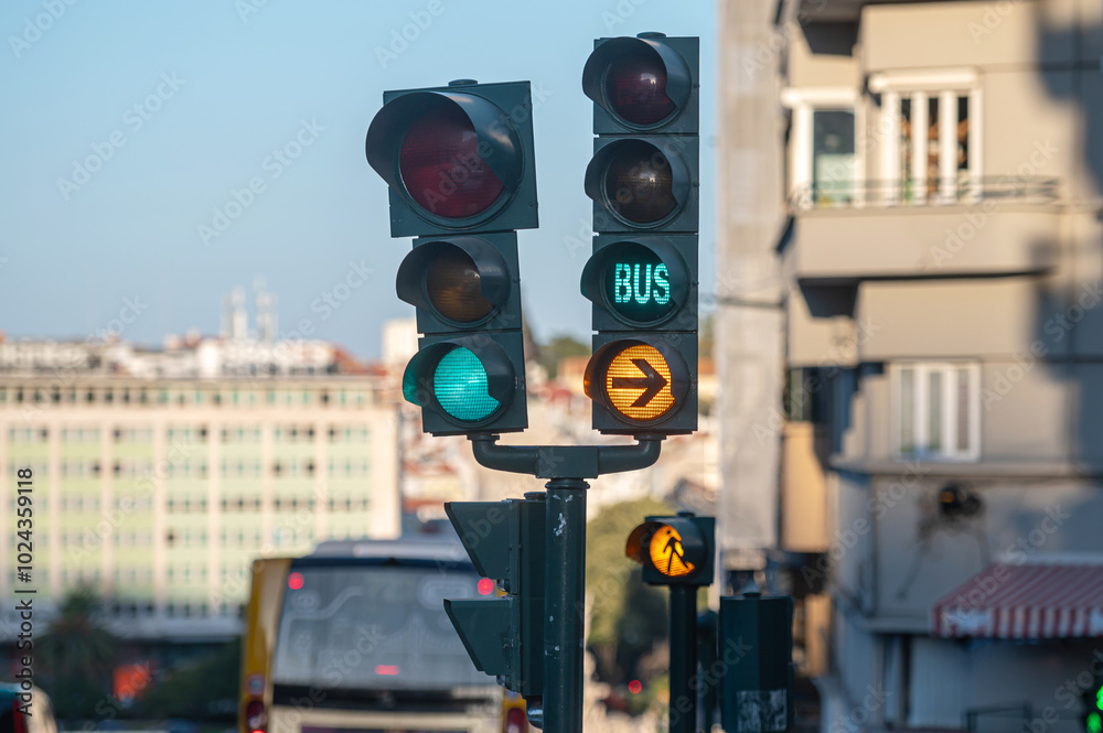 Traffic signals indicating bus lane and pedestrian crossing in an urban ...