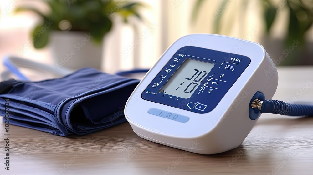 Poster Print Digital Blood Pressure Monitor with Cuff on a Wooden Table 40x22.2 cm