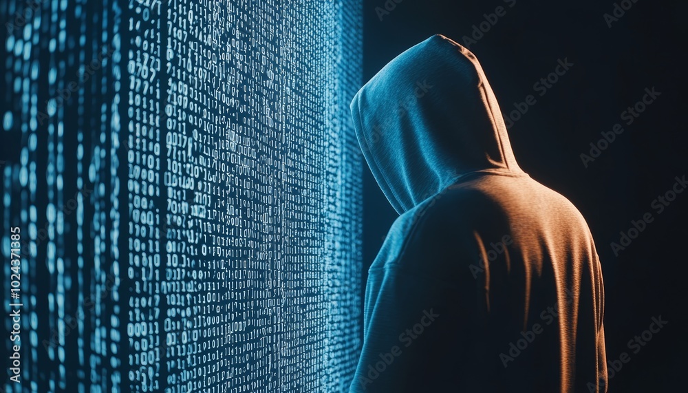 Anonymous figure in a hoodie in front of a screen filled with ...