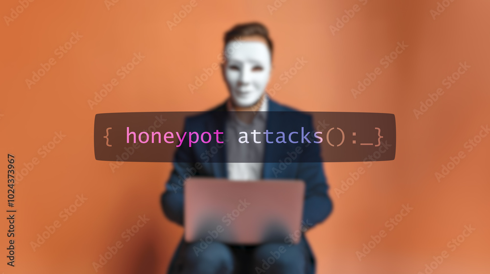Cybersecurity concept honeypot attacks on foreground screen, hacker silhouette hidden with low ...