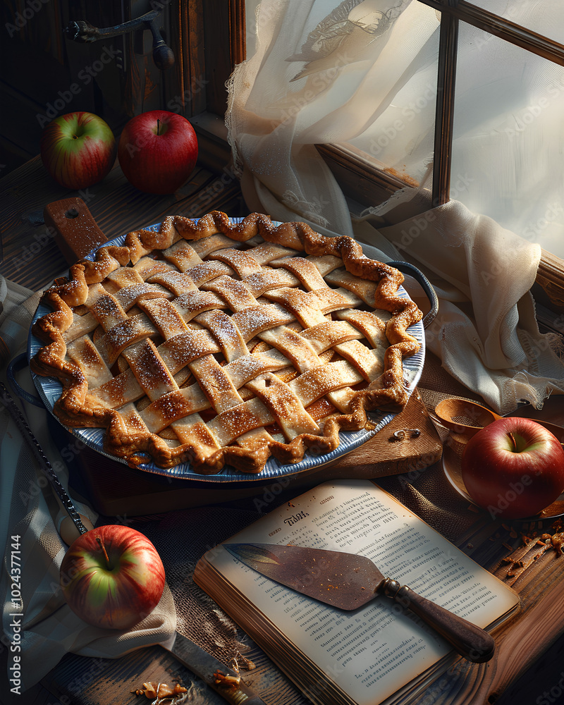 apple pie with the cutest sliver plaid pattern, next to an open book on ...