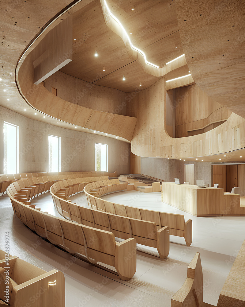 modern, minimalist architecture of an auditorium features a desk in ...