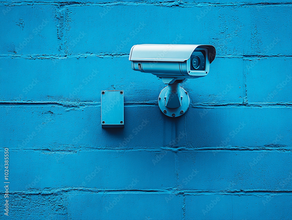 a security camera mounted on a blue wall. The camera is turned off. The ...