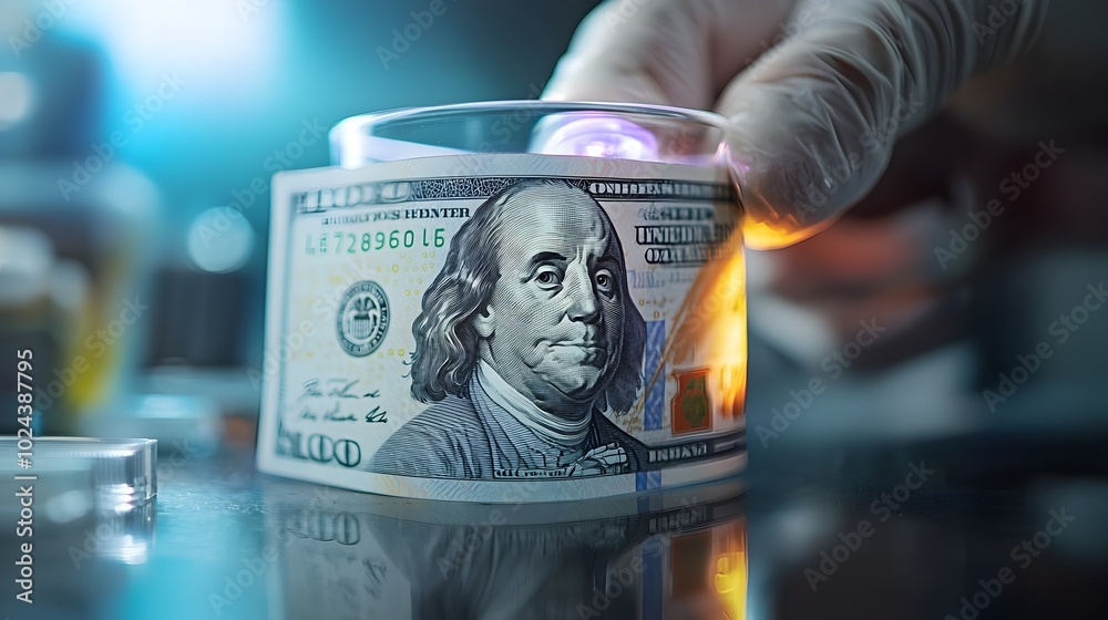 Detailed close up view of a banknote being inspected under ultraviolet ...