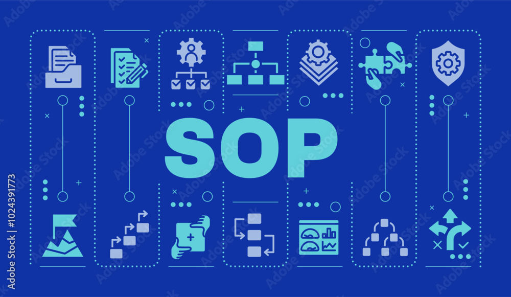 SOP blue word concept. Performance monitoring, task management ...