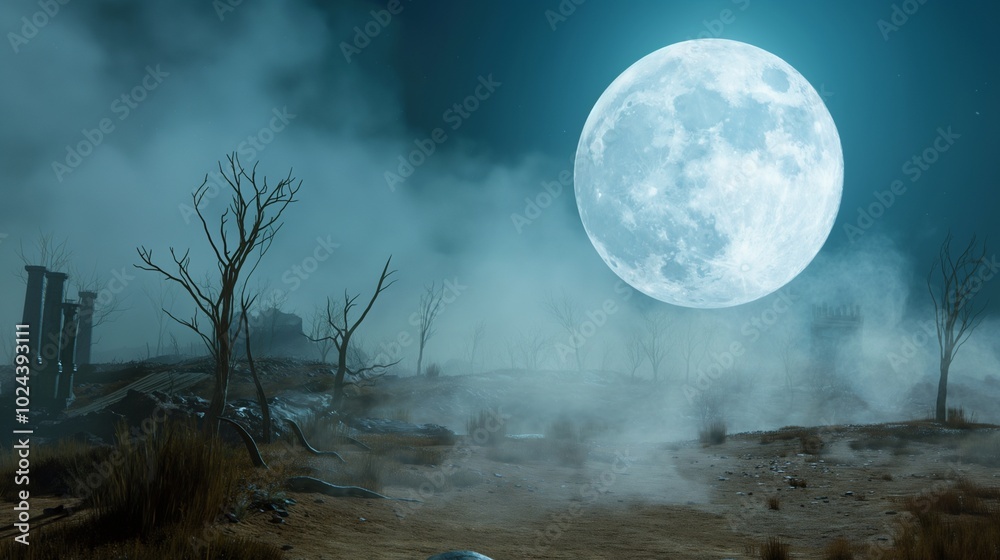 A full moon shining over a barren landscape with skeletal trees and ...