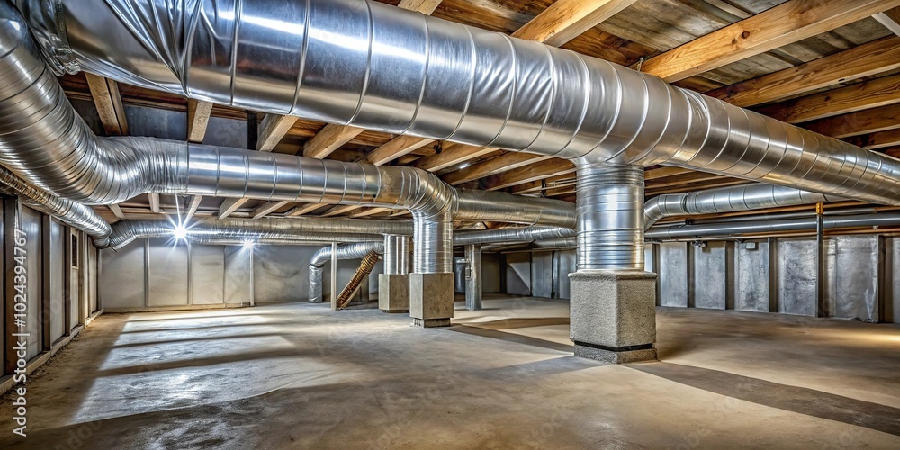 The art of HVAC ductwork in a residential crawl space Stock Photo ...