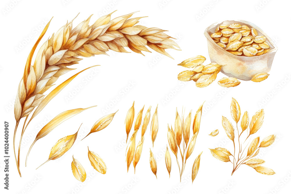 oat grains, oats isolated watercolor painting, realistic cereal plant ...