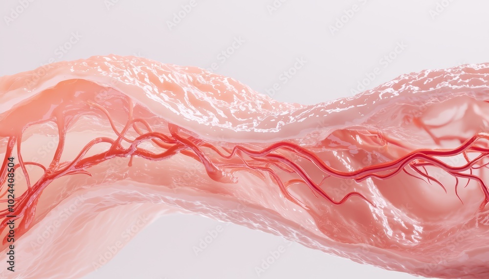 A 3D rendering of the layers of skin, with blood vessels weaving ...
