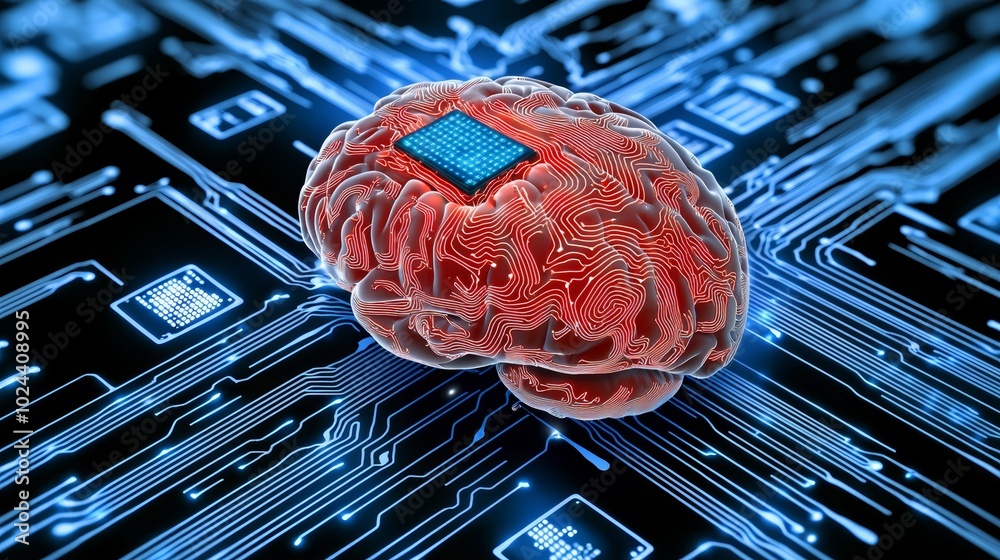 A close-up of the brains frontal lobe, with neurons blending into microchips and digital ...