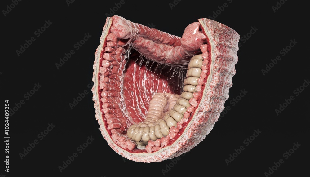 A cross-sectional 3D rendering of the small and large intestines ...