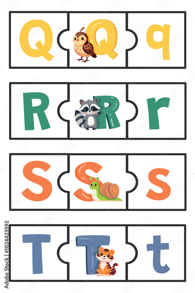 Poster english alphabet puzzle with cute animals uppercase and lower ...