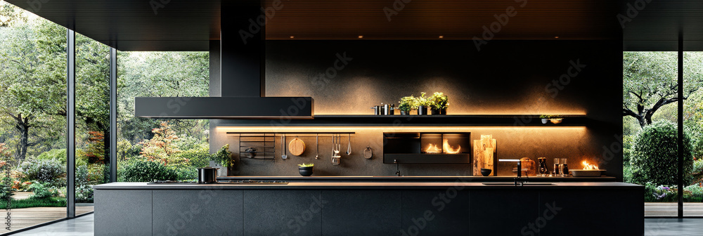 A modern exhaust system with sleek lines and integrated fire ...