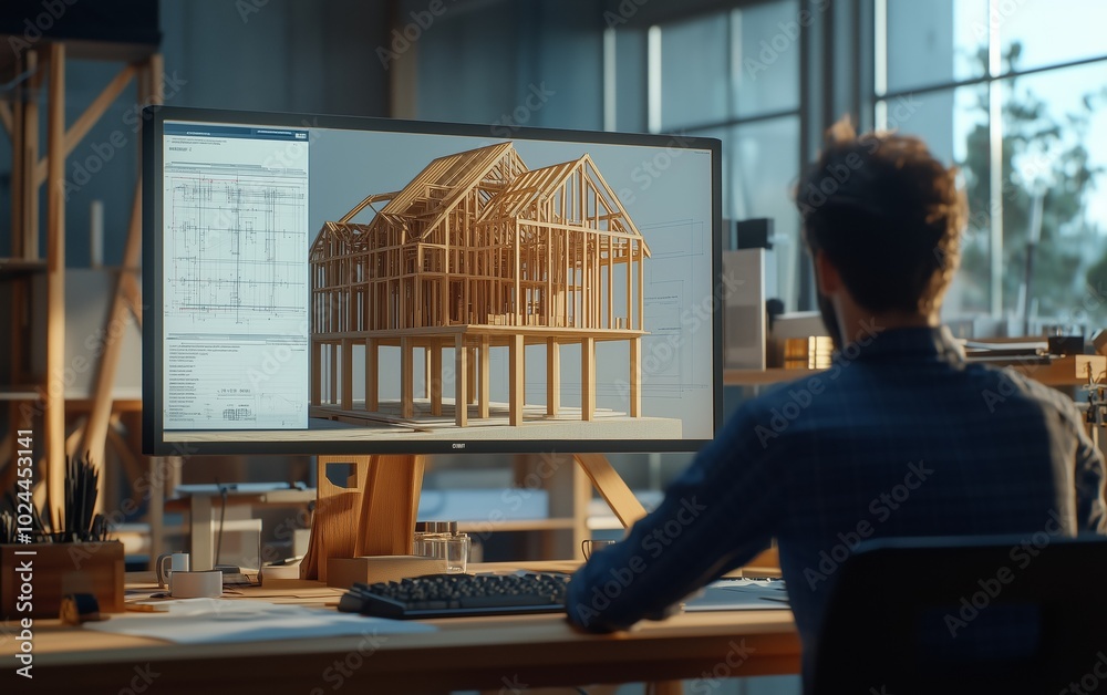 Architect working structural calculations for wooden residential ...