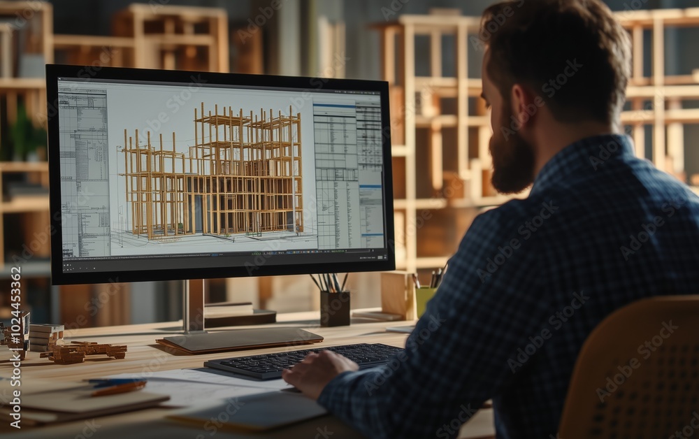 Architect working structural calculations for wooden residential ...