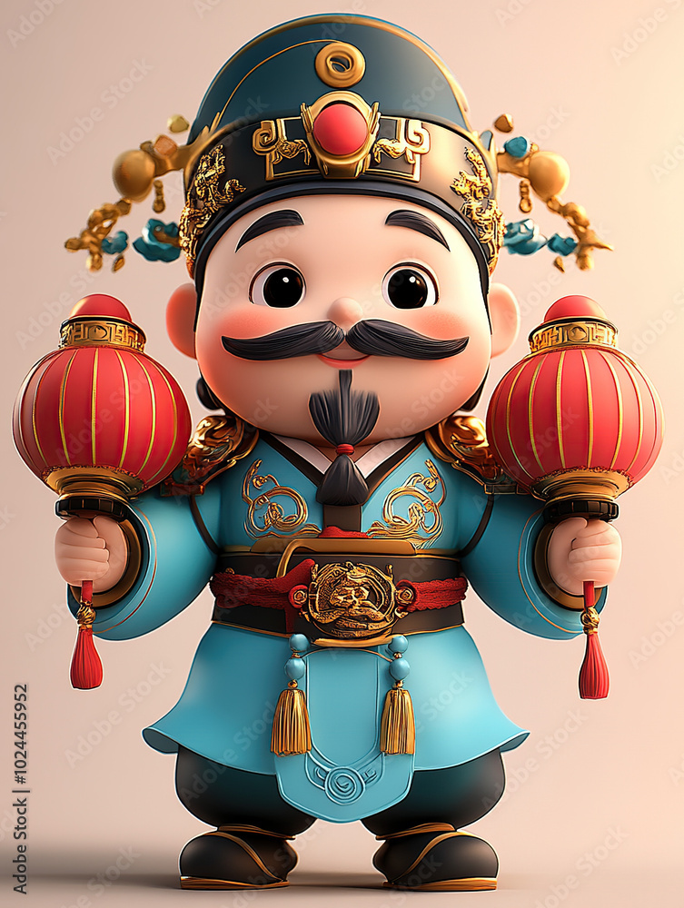 Cute Chinese god of wealth, holding a red lantern in both hands and ...