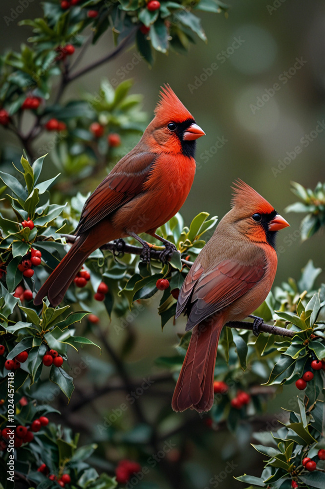 Northern Cardinal mates nestled on spiky holly branches with red ...