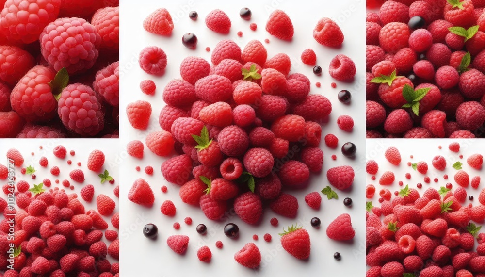 Raspberry raspberries, many angles and view side top front group pile ...