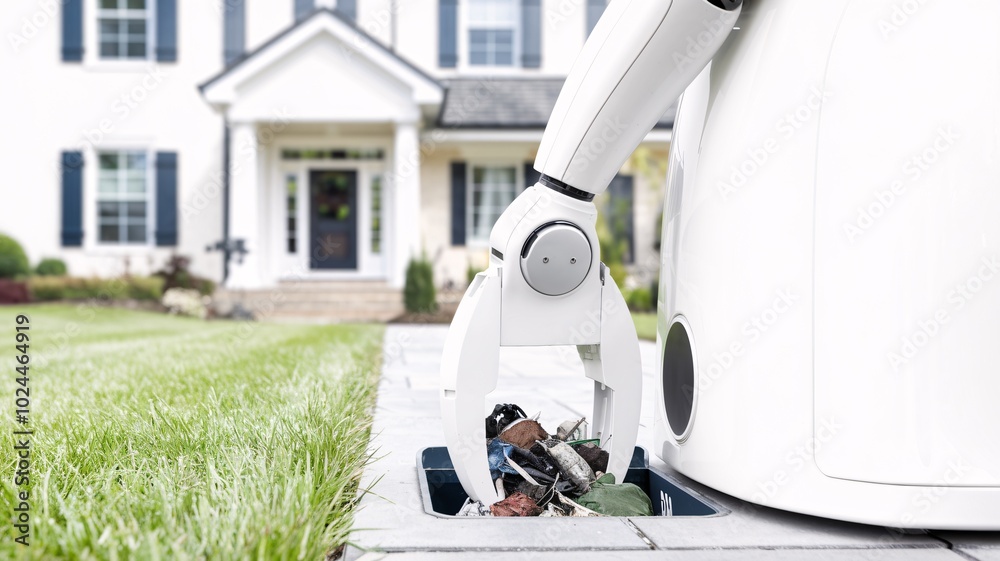 Close-up of a white plastic robot picking up trash and debris from a ...