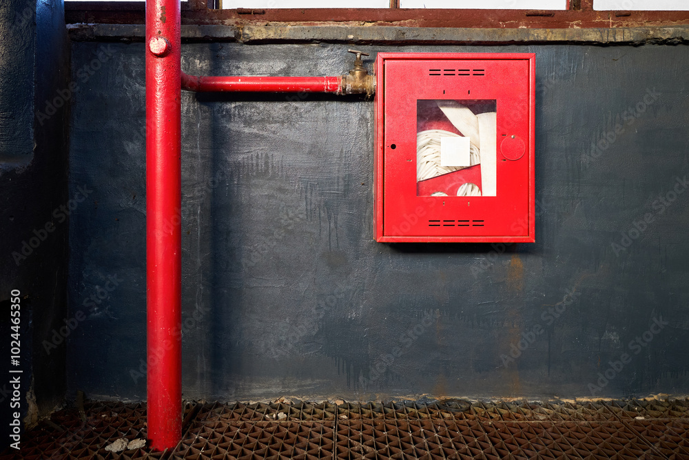 Fire hose in red box. Pipe roll for fire emergency in red metal cabinet ...