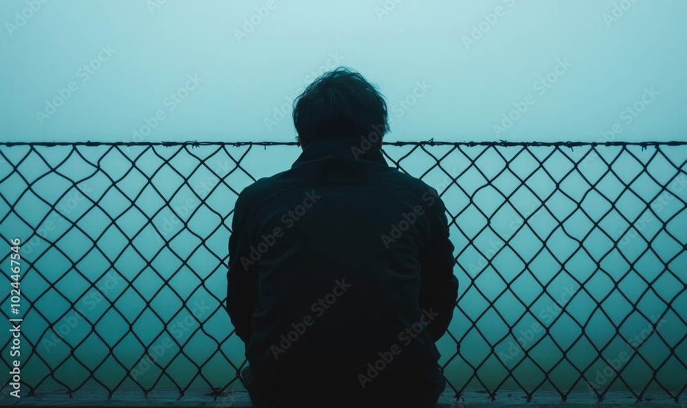 Foto de Silhouette of Sad Man Behind Fence in Foggy Setting, Mental ...