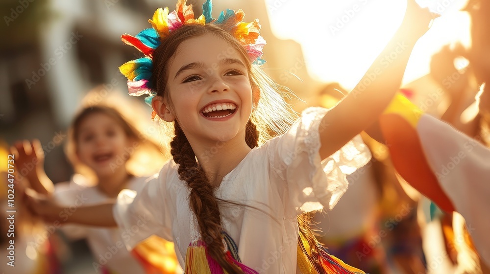 Children in traditional costumes participating in a parade, holding ...