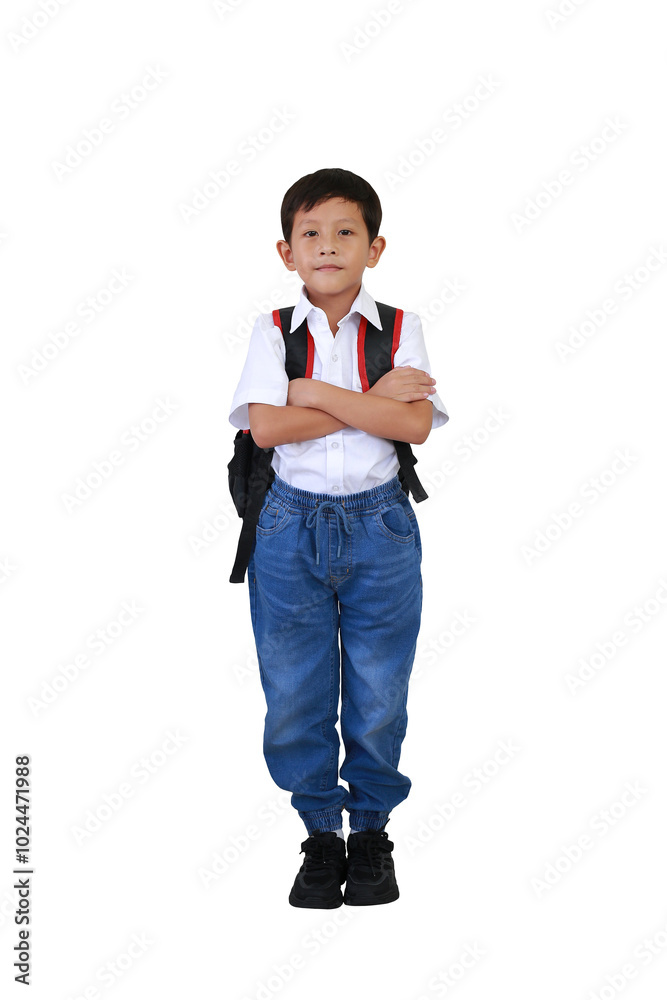 Portrait Asian little boy kid with backpack bag and crossed arms ...