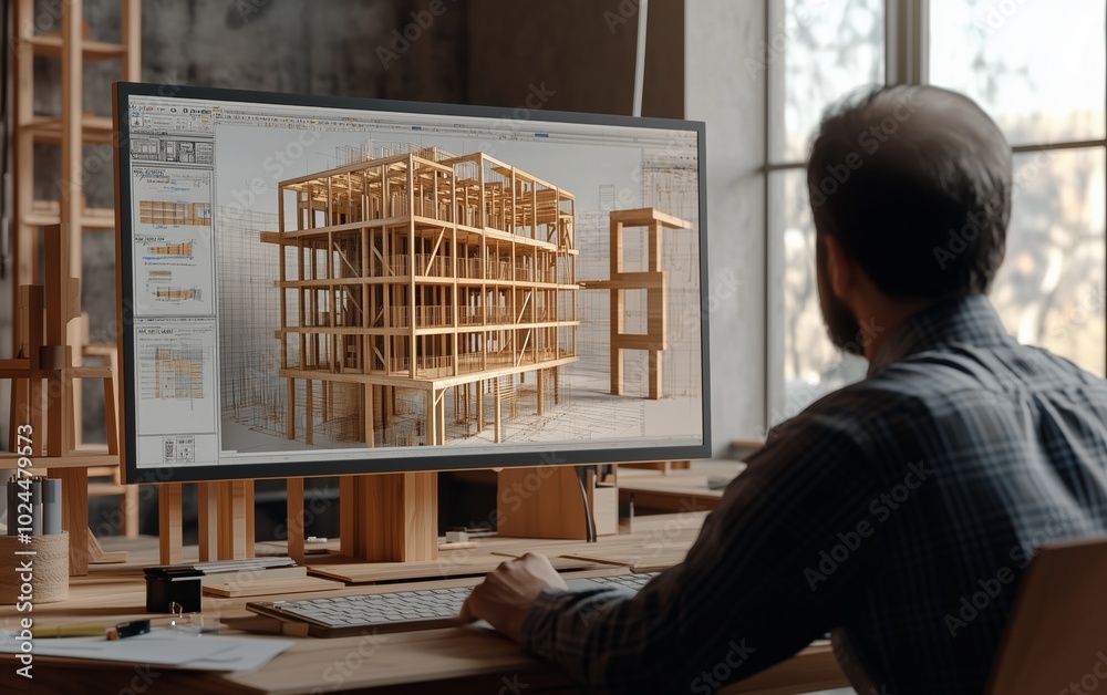 Architect working structural calculations for wooden residential ...