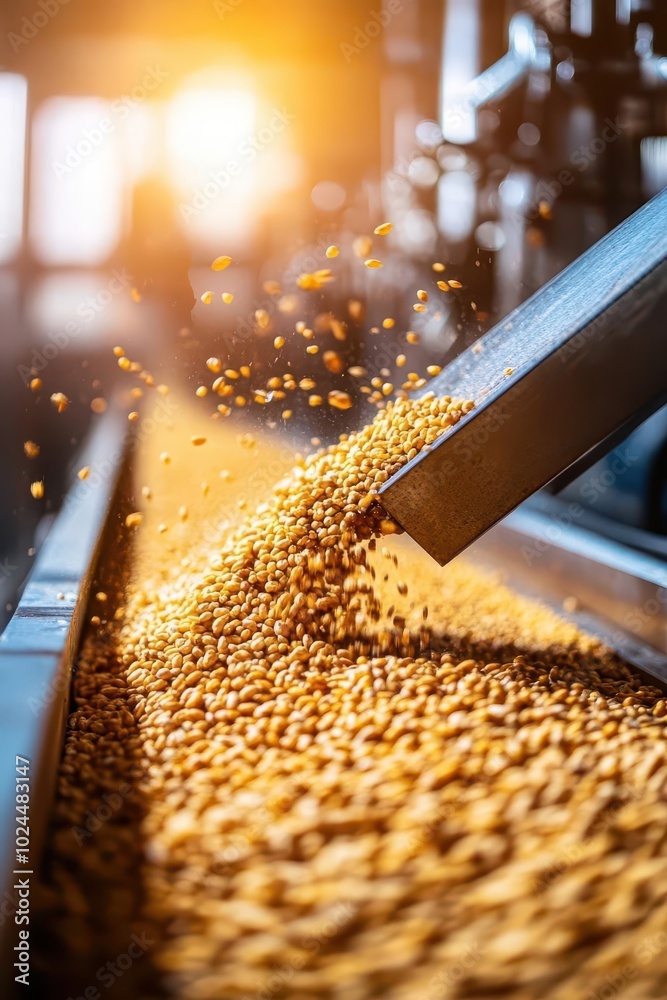 A close up image of grain flowing along a conveyor belt in an ...