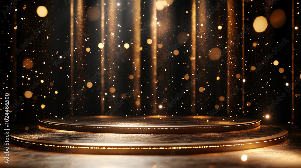 show case stage with gold spotlights shimmering shining on stage with ...