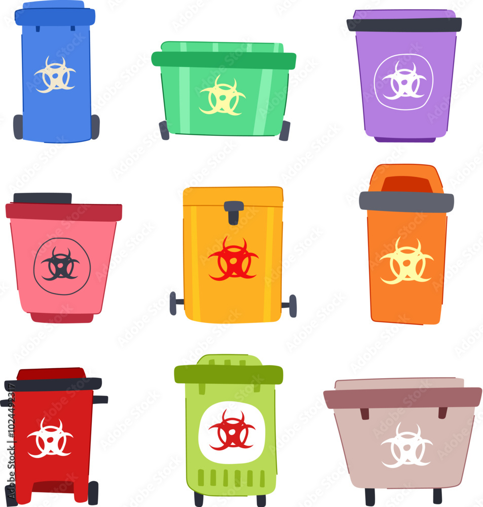 medical waste bin set cartoon. sharps management, environment ...