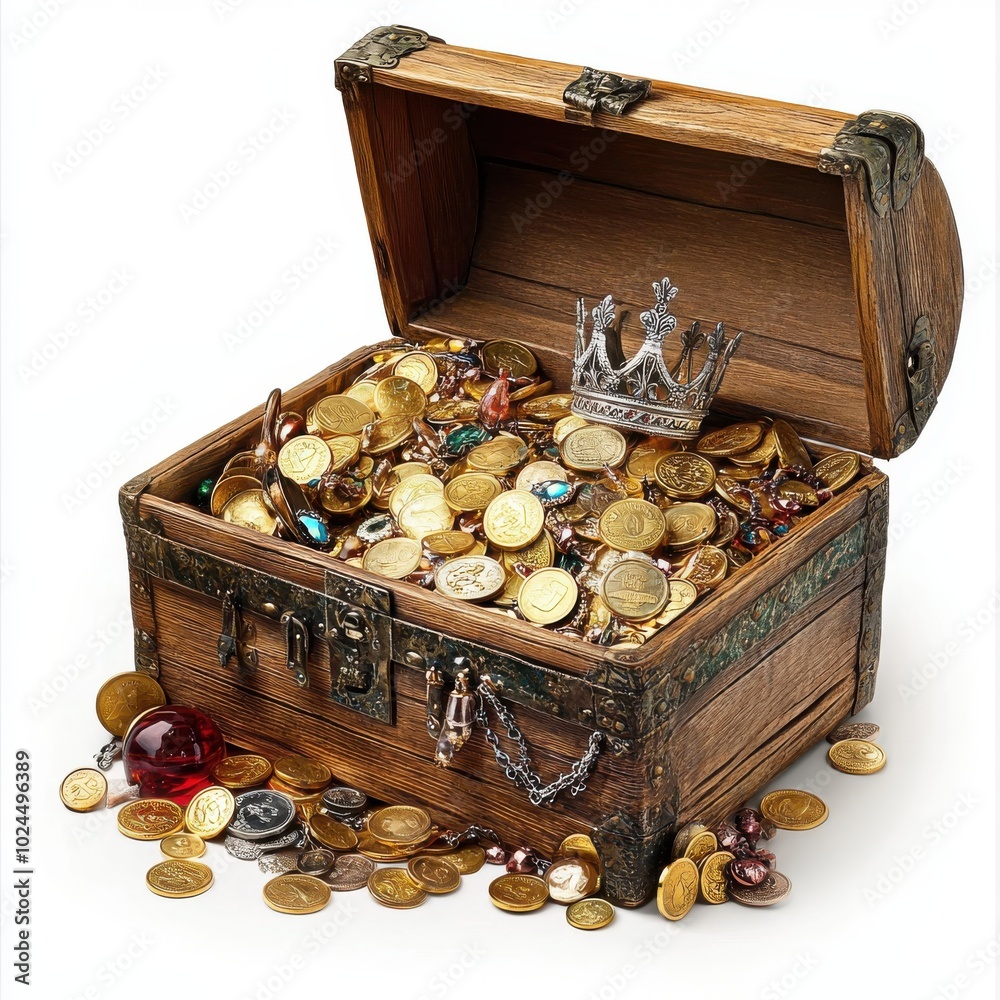 An open wooden treasure chest overflowing with gold coins, jewelry, and ...