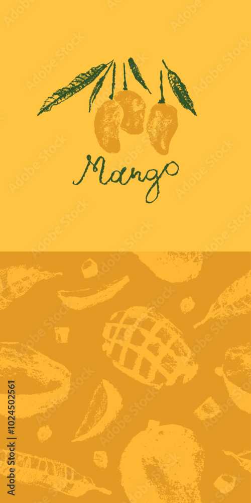 Template tropical fruits label design with vector mango pattern ...
